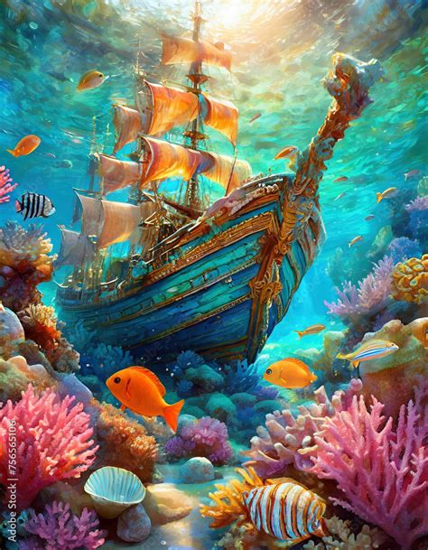 바다속 화려한 보물선 Stock Illustration Adobe Stock