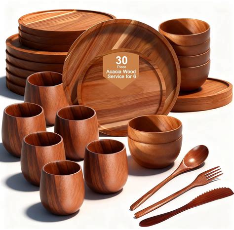 48pcs Wooden Plates And Bowls Set For 6 Solid Acacia Wood