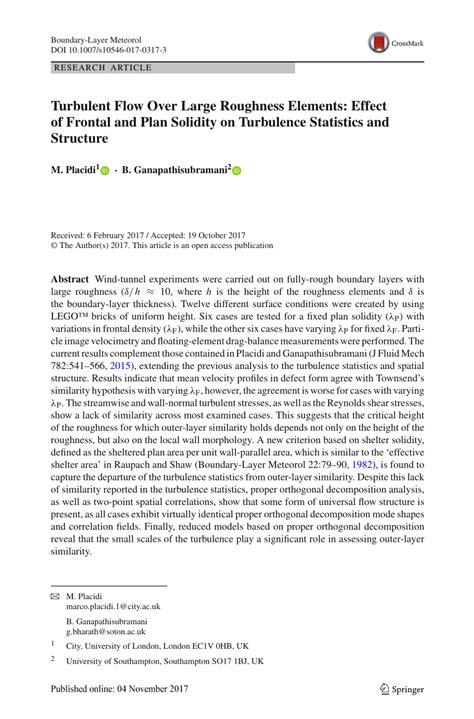 Pdf Turbulent Flow Over Large Roughness Elements Effect Of Frontal And Plan Solidity On