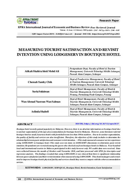 Pdf Measuring Tourist Satisfaction And Revisit Intention Using
