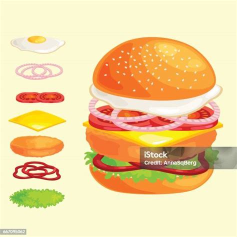 햄버거 구이 쇠고기 야채 세트 소스 롤빵 스낵 햄버거 패스트 푸드 식사 메뉴 바베 큐 고기 배경과 자세한 개별 비행 조각 메뉴 재료 Vecor 일러스트와 옷 고기에 대한