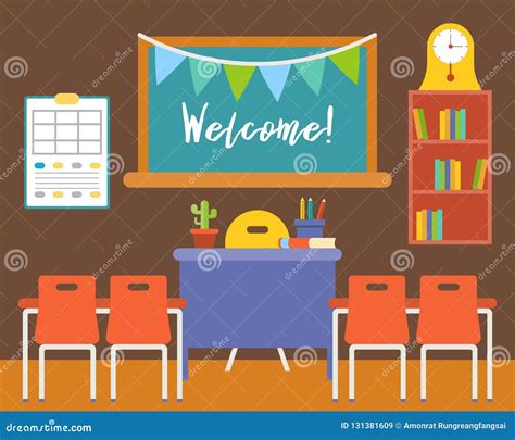 Empty Classroom Or Study Room Interior Background Flat Design Stock