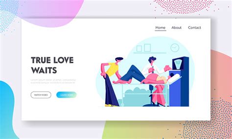 임신 한 여자와 남편 부부는 아기 배꼽 초음파 검사를 하 고 병원을 방문 합니다 클리닉 웹사이트 방문 페이지 웹 페이지에서 초음파 태아 선별 검 진 만화 평면 벡터 일러스트