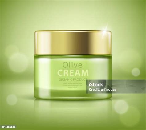 녹색 배경에 올리브 크림 항아리 현대 디자인 판매를 위한 광고 템플릿 화장품 얼굴 크림 바디에 대 한 요소입니다 현실적인 벡터 일러스트입니다 3차원 형태에 대한 스톡 벡터