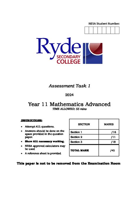 2024 Ryde Secondary Y11 2u Task 1 Nesa Student Number Assessment