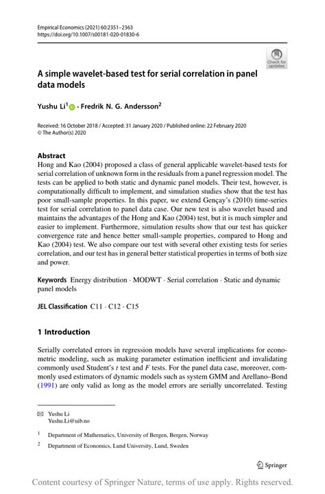Pdf A Simple Wavelet Based Test For Serial Correlation In Panel Data Models