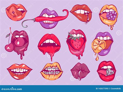 Pop Art Lips Set Isolated Illustrations Stock Illustration Illustration Of Juicy Girl 142677595
