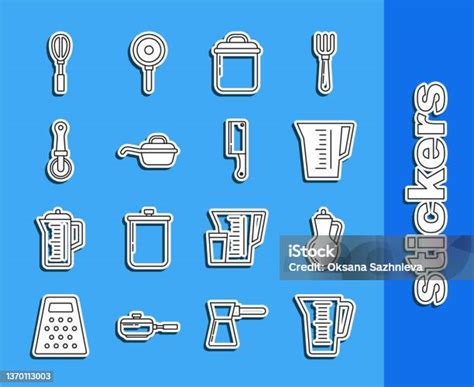 세트 라인 측정 컵 올리브 오일 병 조리 냄비 프라이팬 피자 나이프 주방 거품기 및 고기 헬기 아이콘 벡터 강철에 대한 스톡 벡터 아트 및 기타 이미지 Istock