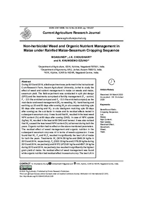 Pdf Non Herbicidal Weed And Organic Nutrient Management In Maize Under Rainfed Maize Sesamum