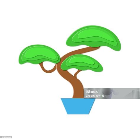 흰색 배경에 고립 된 종이 컷 스타일의 분재 나무 아시아 전통 양식에 일치시키는 만화 분재 과일 나무입니다 일본 미니어처 하우스 플랜트 벡터 카드 일러스트레이션 0명에 대한