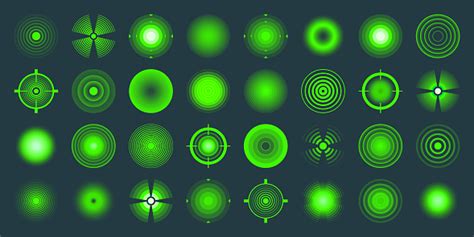 열 야간 시야 범위 십자선 총 광경 벡터 아이콘 불스아이 대상 또는 조준 기호 군사 소총 범위 사격 마크 기호 타겟팅 촬영을 목표로 녹색 레이더 파도 원 감시에 대한 스톡