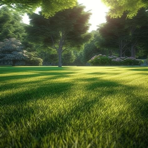 Premium Photo A Green Lawn With A Tree In The Background And The Sun