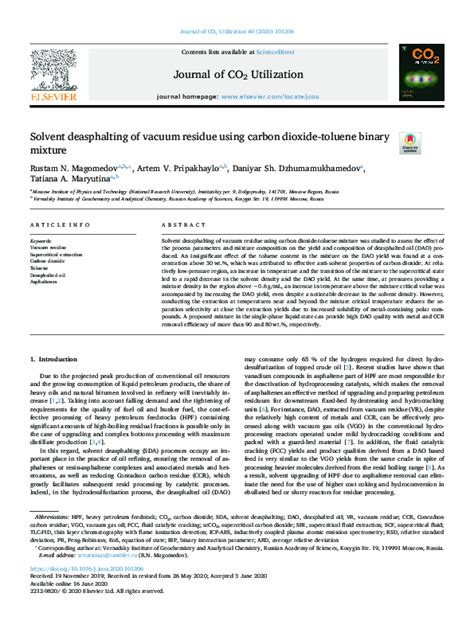 Pdf Solvent Deasphalting Of Vacuum Residue Using Carbon Dioxide Toluene Binary Mixture