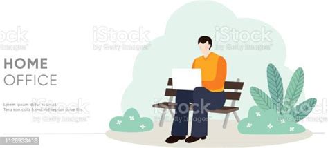 젊은 남자 벤치에 앉아서 공원 정원에서 노트북에 홈 오피스 개념입니다 남성 프리랜서 기업가입니다 현대 비즈니스 벡터 일러스트