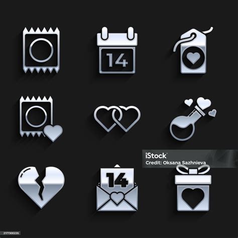 세트 두 개의 연결된 하트 발렌타인 하트 봉투 선물 상자 병 사랑의 물약 깨진 또는 이혼 콘돔 패키지 태그 및 아이콘 벡터 검은