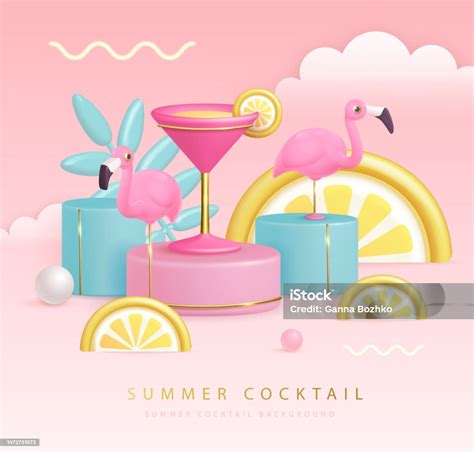 3d 플라스틱 칵테일 열대 과일 및 플라밍고가있는 여름 칵테일 파티 포스터 여름 배경입니다 벡터 그림 0명에 대한 스톡 벡터 아트 및 기타 이미지 Istock