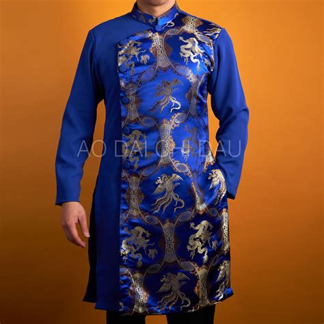 Blue And Gold Vietnamese Men Ao Dai Modernized Style