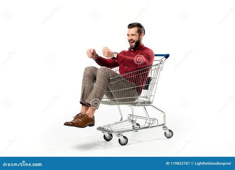 Cheerful Man Sitting In Shopping Cart Stock Image Image Of Stylish