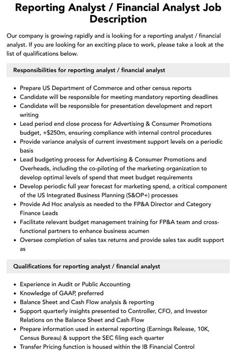 Reporting Analyst Financial Analyst Job Description Velvet Jobs