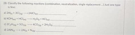 Solved 28 Classify The Following Reactions Combination