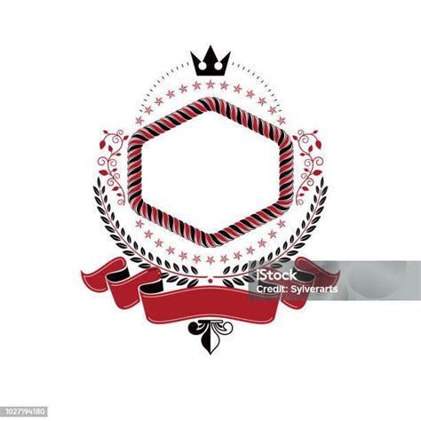 그래픽 상징 장엄한 크라운 보호 방패 및 리본을 사용 하 여 구성 됩니다 팔의 문장 학 외 투 절연 장식 기호 벡터 일러스트 레이 션 골동품에 대한 스톡 벡터 아트 및 기타