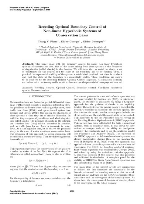 Pdf Receding Optimal Boundary Control Of Non Linear Hyperbolic Systems Of Conservation Laws
