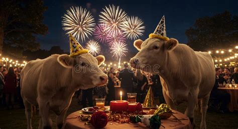Cows Celebrate New Year S Eve With Fireworks And Party Hats Stock