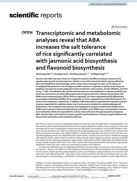 Pdf Transcriptomic And Metabolomic Analyses Reveal That Aba Increases