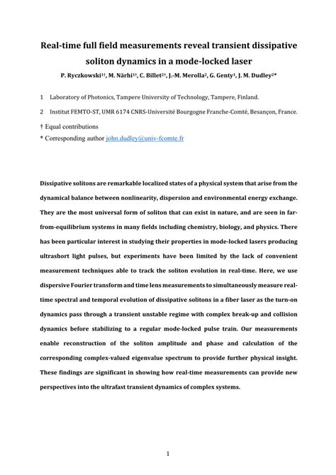 Pdf Real Time Full Field Characterization Of Transient Dissipative Soliton Dynamics In A Mode