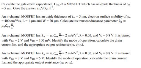 Solved Calculate The Gate Oxide Capacitance Cox Of A