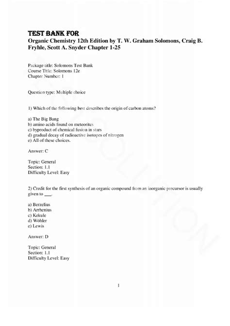 Test Bank For Organic Chemistry 12th Edition 12th Edition By T W
