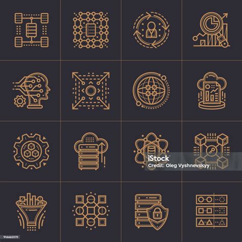 데이터 과학 기술과 기계 학습 과정의 선형 아이콘 설정 합니다 소재 디자인 아이콘 인쇄 웹사이트 및 프레 젠 테이 션에 적합 0