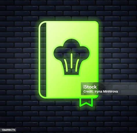 벽돌 벽 배경에 고립 된 빛나는 네온 요리 책 아이콘 요리 책 아이콘 레시피 북 포크와 칼 아이콘 칼 붙이 기호 벡터 고풍스런에 대한 스톡 벡터 아트 및 기타 이미지
