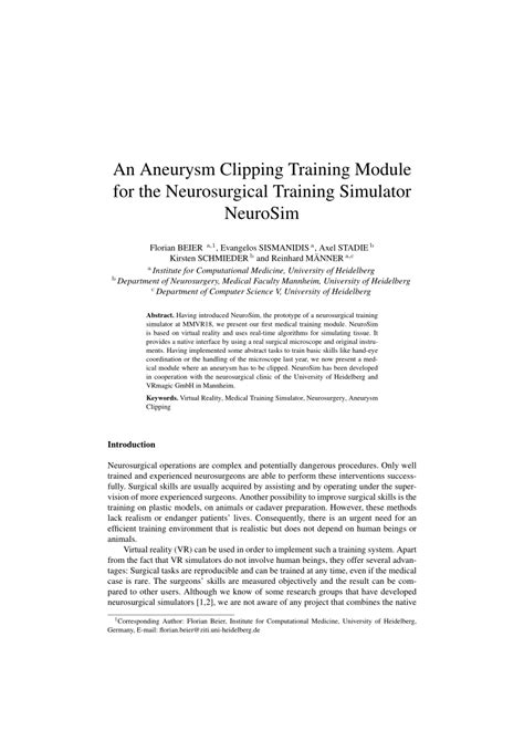 Pdf An Aneurysm Clipping Training Module For The Neurosurgical Training Simulator Neurosim