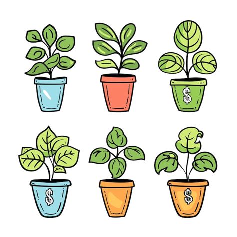 Seis Plantas Em Vaso Folhas Verdes A Vaso Tem Diferentes Cores Desenho
