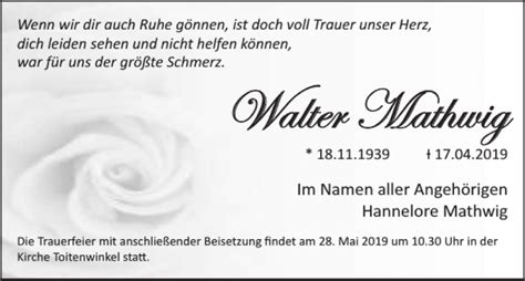 Traueranzeigen Von Walter Mathwig Trauer Nordkurier