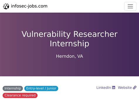 [hiring][internship] Vulnerability Researcher Internship In Herndon Va R Infosec Jobs