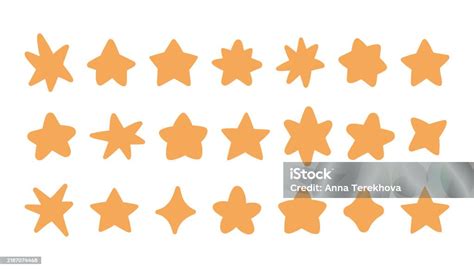 흰색 배경에 설정된 간단한 손으로 그린 별입니다 손으로 그린 낙서 요소 노란색 낙서는 다양한 모양으로 별을 표시합니다 벡터 일러스트 레이 션 0명에 대한 스톡 벡터 아트 및