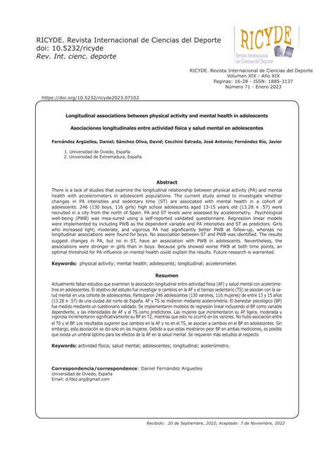 Pdf Longitudinal Associations Between Physical Activity And Mental Health In Adolescents