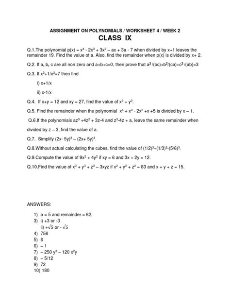 Class 9 Polynomial Assignment Week 2 Pdf