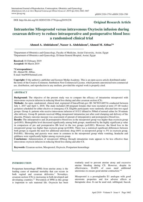 Pdf Intrauterine Misoprostol Versus Intravenous Oxytocin Infusion