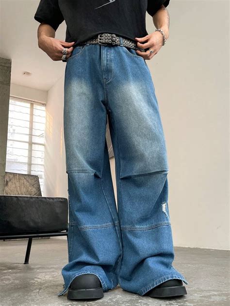 Manfinity Emrg Mens Washed Navy Blue Loose Wide Leg Jeans Plain Dark