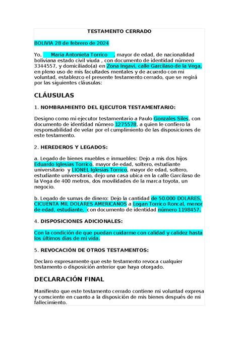 Modelo De Testamento Cerrado Testamento Cerrado Bolivia 28 De Febrero