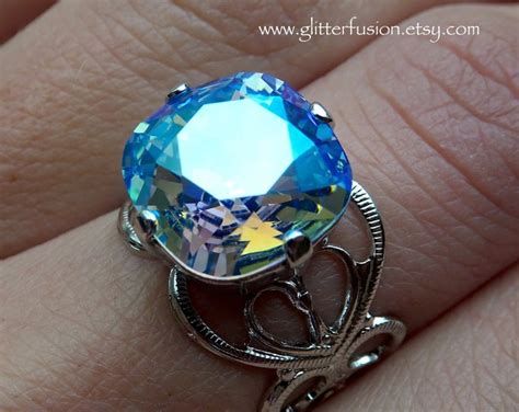 Light Sapphire Shimmer Swarovski Crystal Cushion Cut Statement Ring