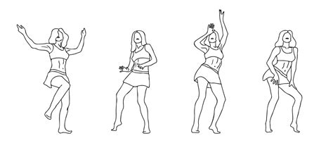 Black Outline Dancing Ladies Set Girls In Short Skirt Dancig In Different Poses The Figures Of