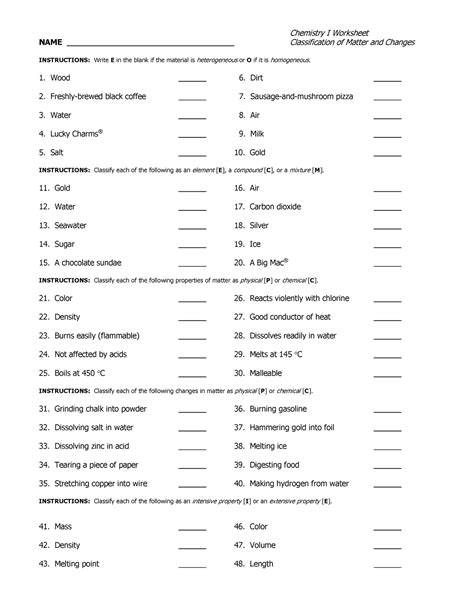 Chemistry I Classification Of Matter Worksheet Chemistry I Worksheets Library