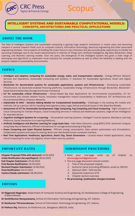 Call For Book Chapters Intelligent Systems And Sustainable Computational Models Concepts