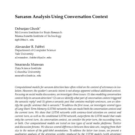 Sarcasm Analysis Using Conversation Context Acl Anthology