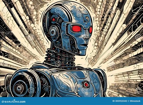ai generated illustration of an indigo robot with luminous rays stock
