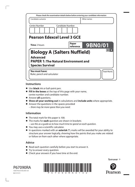 Pearson Edexcel Level 3 Gce Biology A Salters Nuffield Advanced Paper 1 The Natural